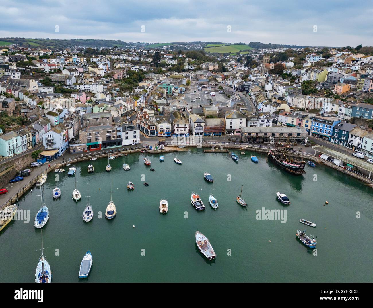 Aerial view of Brixham Harbor on the south coast of Devon in the ...
