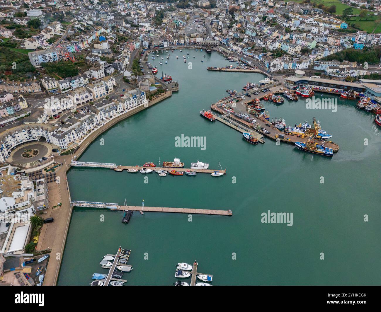 Aerial view of Brixham Harbor on the south coast of Devon in the ...