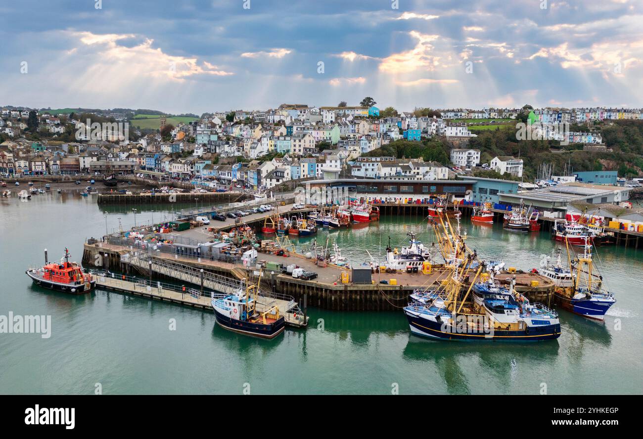 Aerial view of Brixham Harbor on the south coast of Devon in the ...