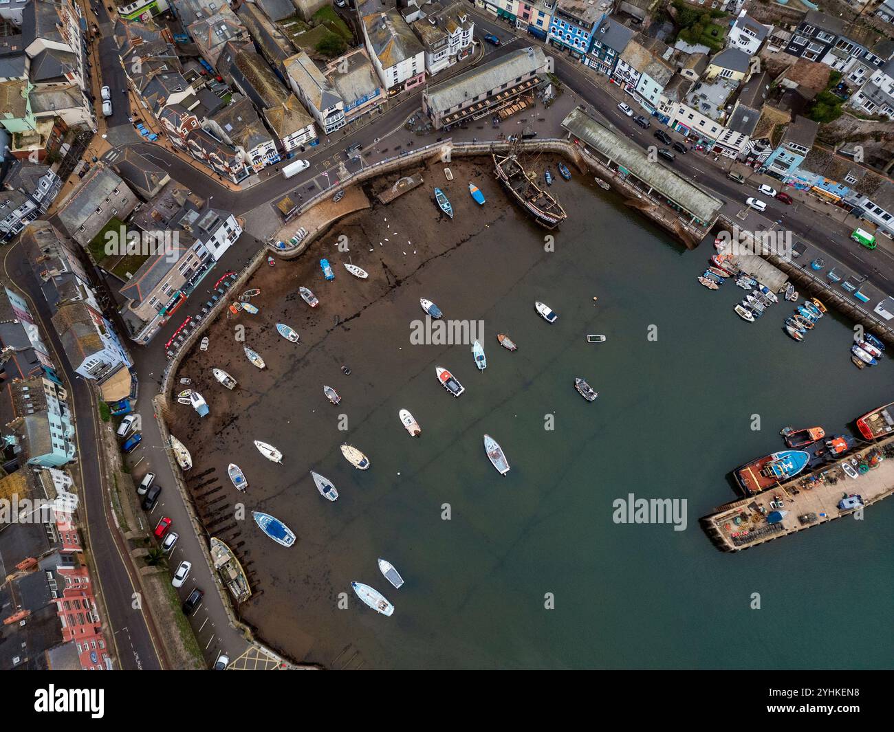 Aerial view of Brixham Harbor on the south coast of Devon in the ...