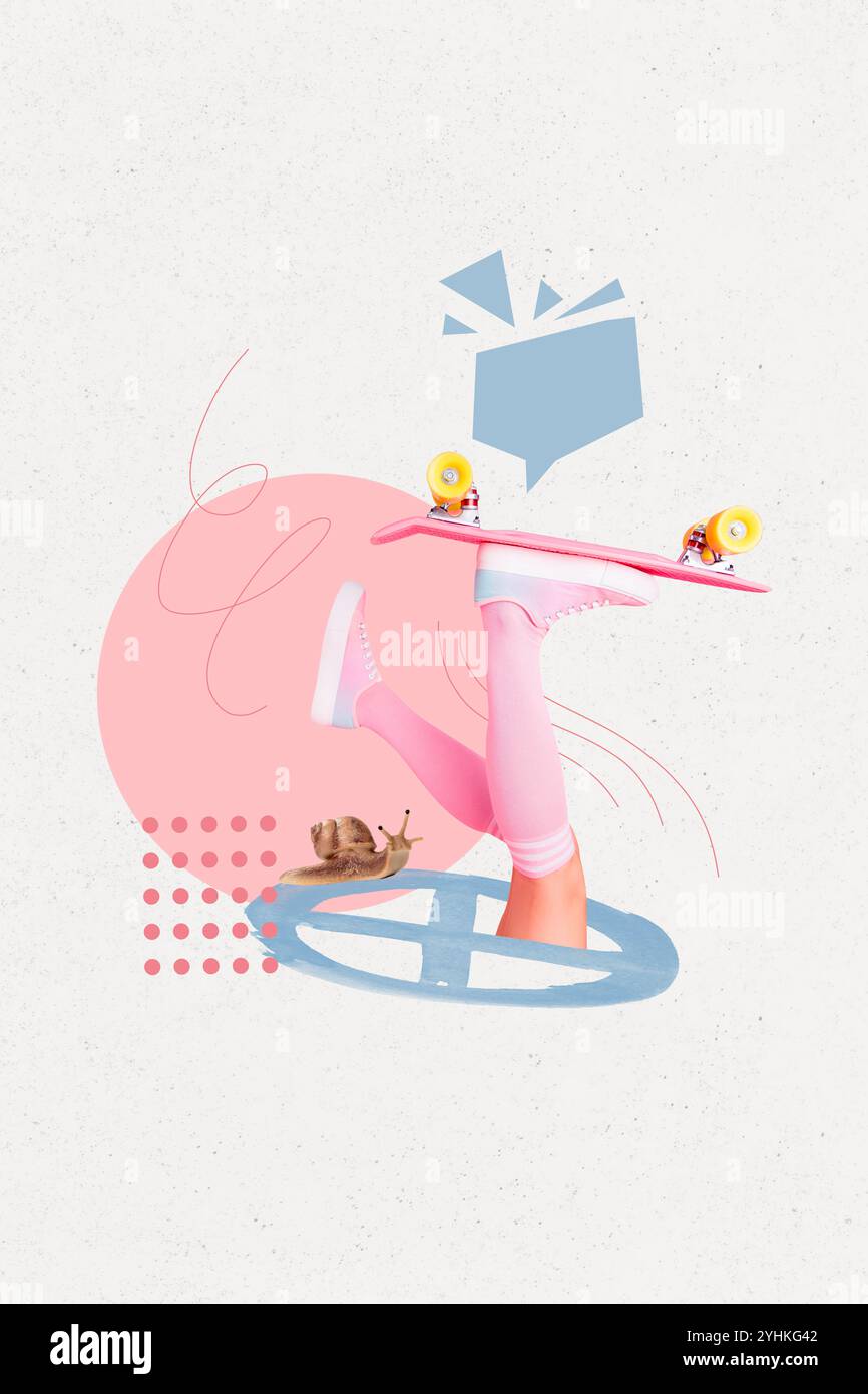 Vertical photo collage of bodyless girl ride skateboard snail mollusk ...
