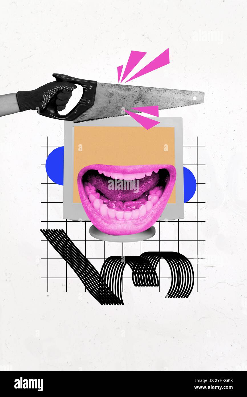 Vertical photo collage of angry faceless mouth scream pc monitor ...