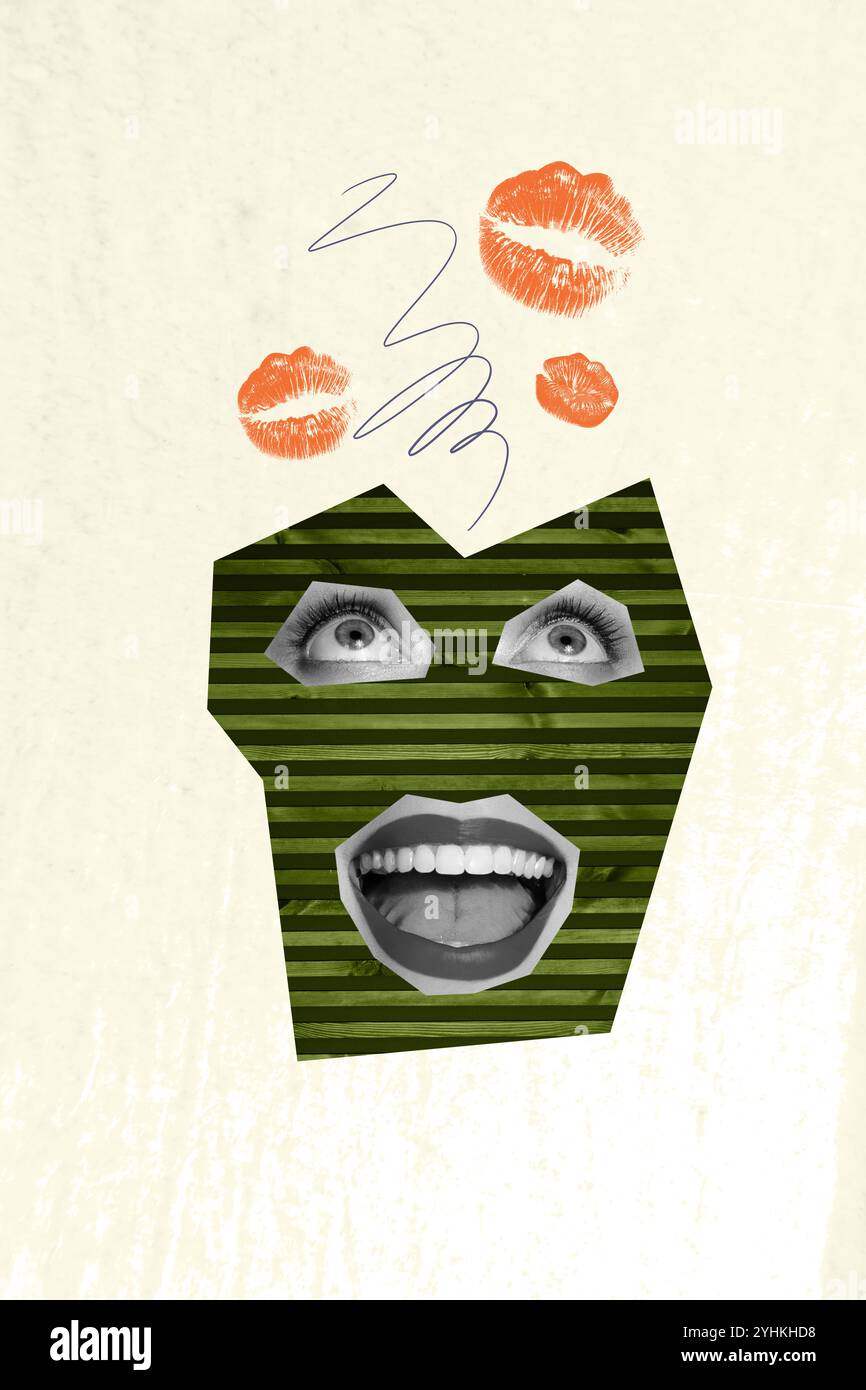 Vertical photo collage of excited bodyless head girl puzzle eyeball ...