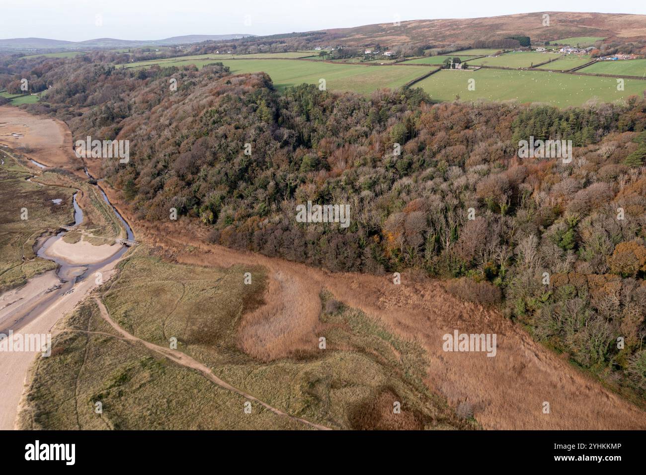 Aerial view of Nicholaston Woods, Burrows and Oxwich marsh, Gower ...