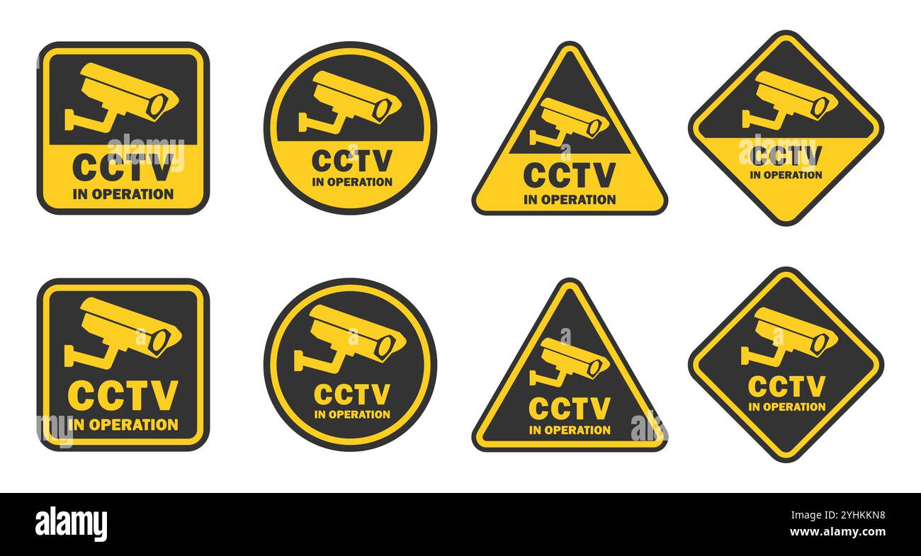 Warning yellow black sign set. Security cameras in use symbol icon ...