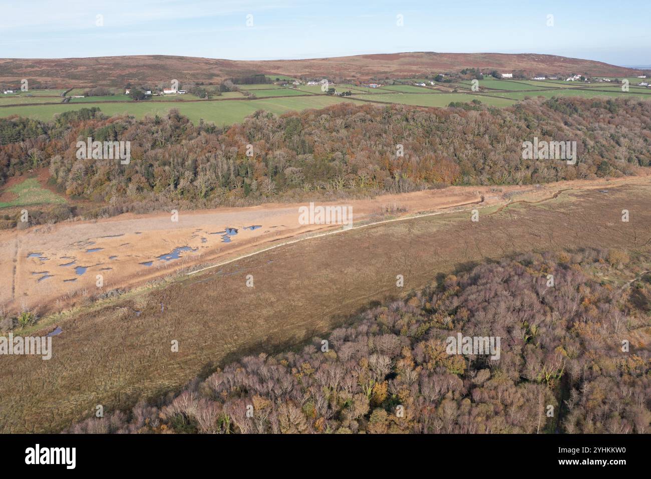 Aerial view of Nicholaston Woods, Burrows and Oxwich marsh, Gower ...