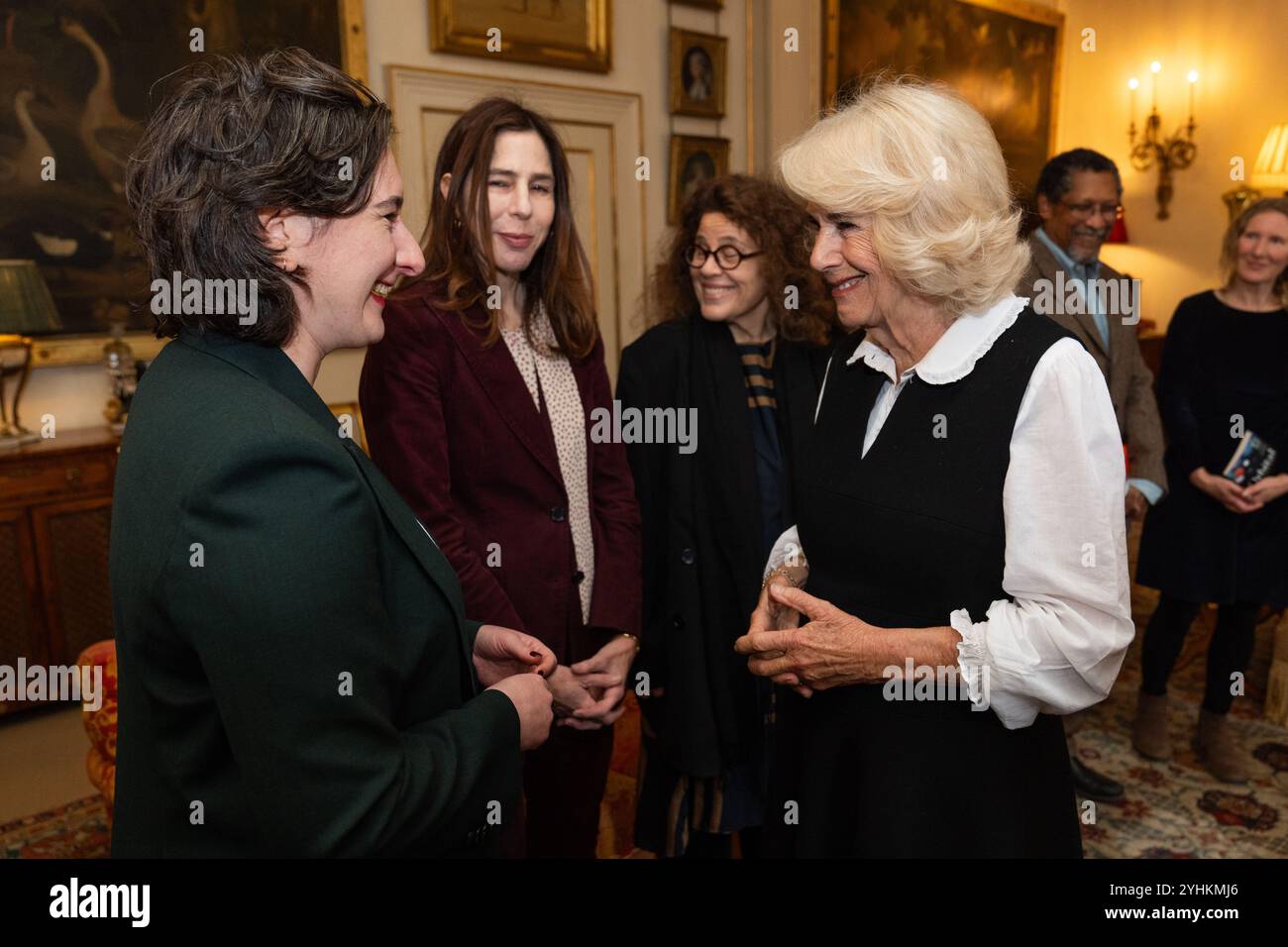 Queen Camilla talks with Yael van der Wouden, during a reception for the Booker Prize Foundation ...