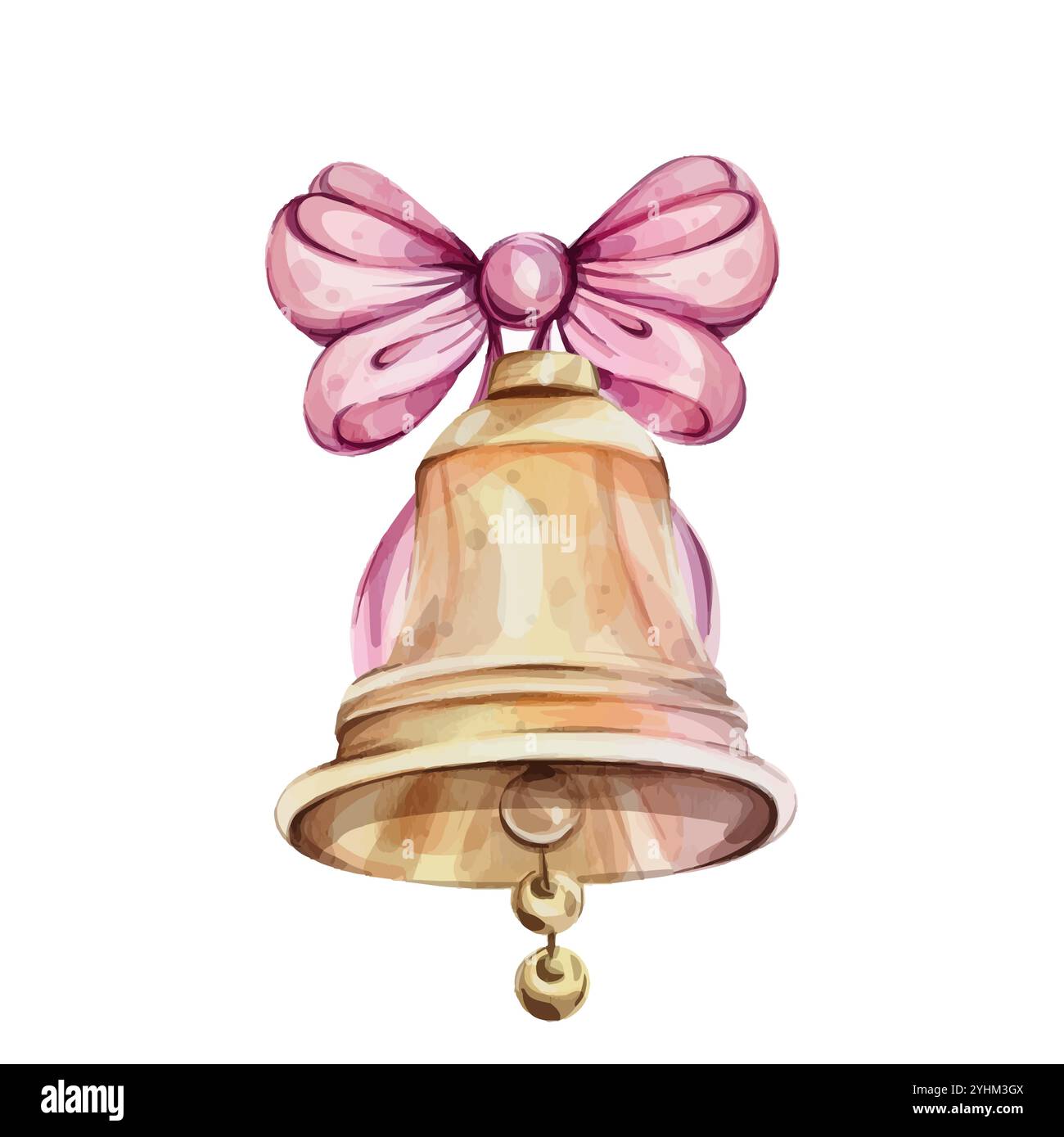 Watercolor christmas jingle golden bell with bow, isolated. Hand drawn ...