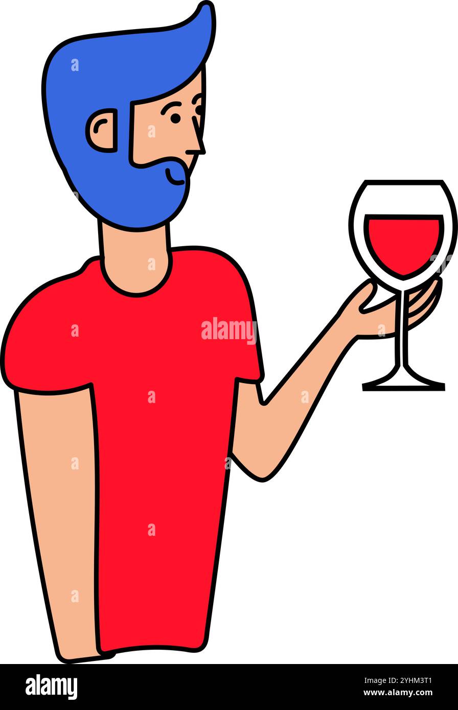 Vector illustration of a character holding a glass of red wine in an ...