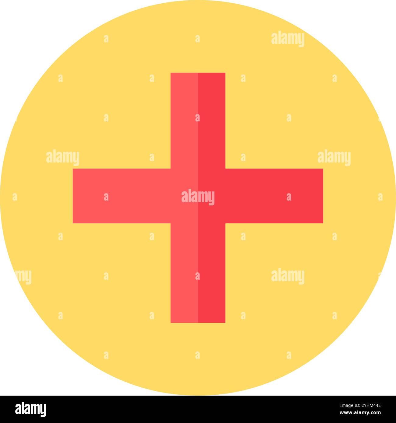 Red plus on yellow background icon. Round sticker sign for marking ...