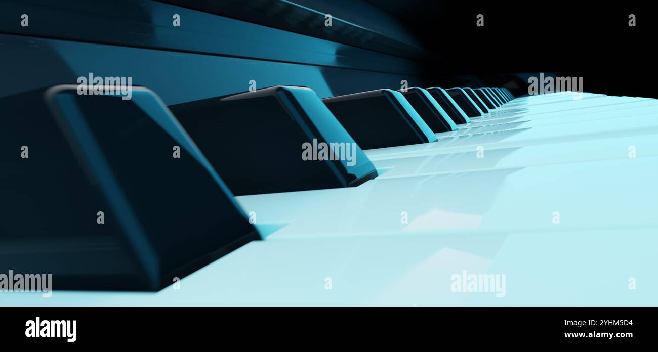 A detailed look at piano keys, softly lit in blue, showcasing their ...