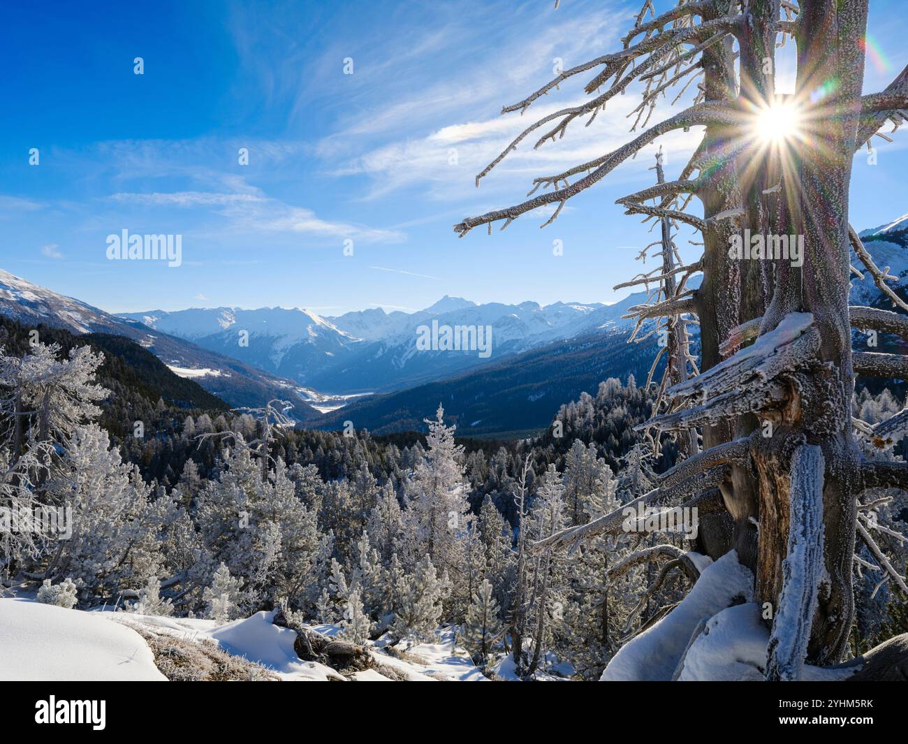 View from Ofen Pass or Furon Pass into the valley Val Muestair with ...