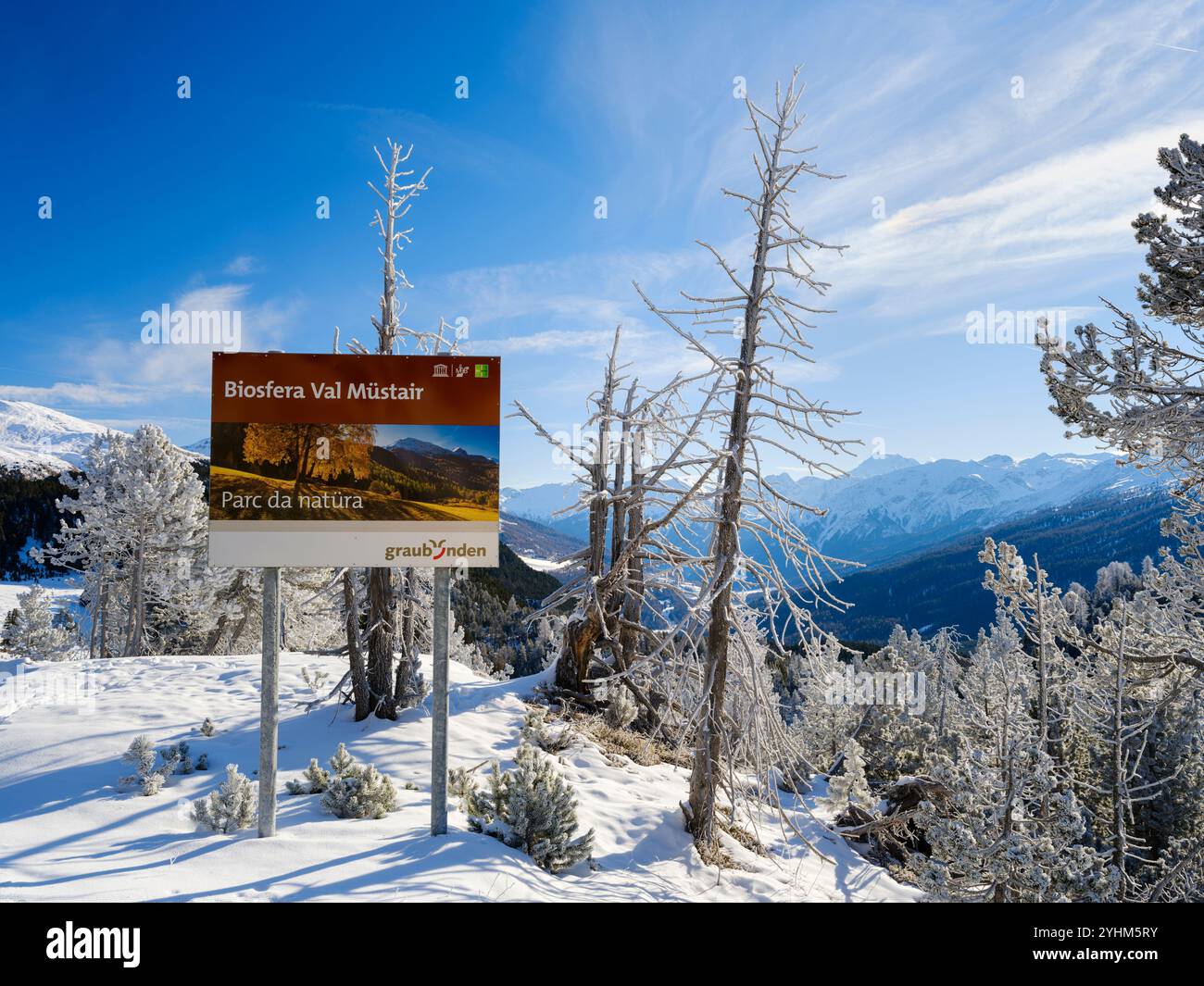 View from Ofen Pass or Furon Pass into the valley Val Muestair with ...