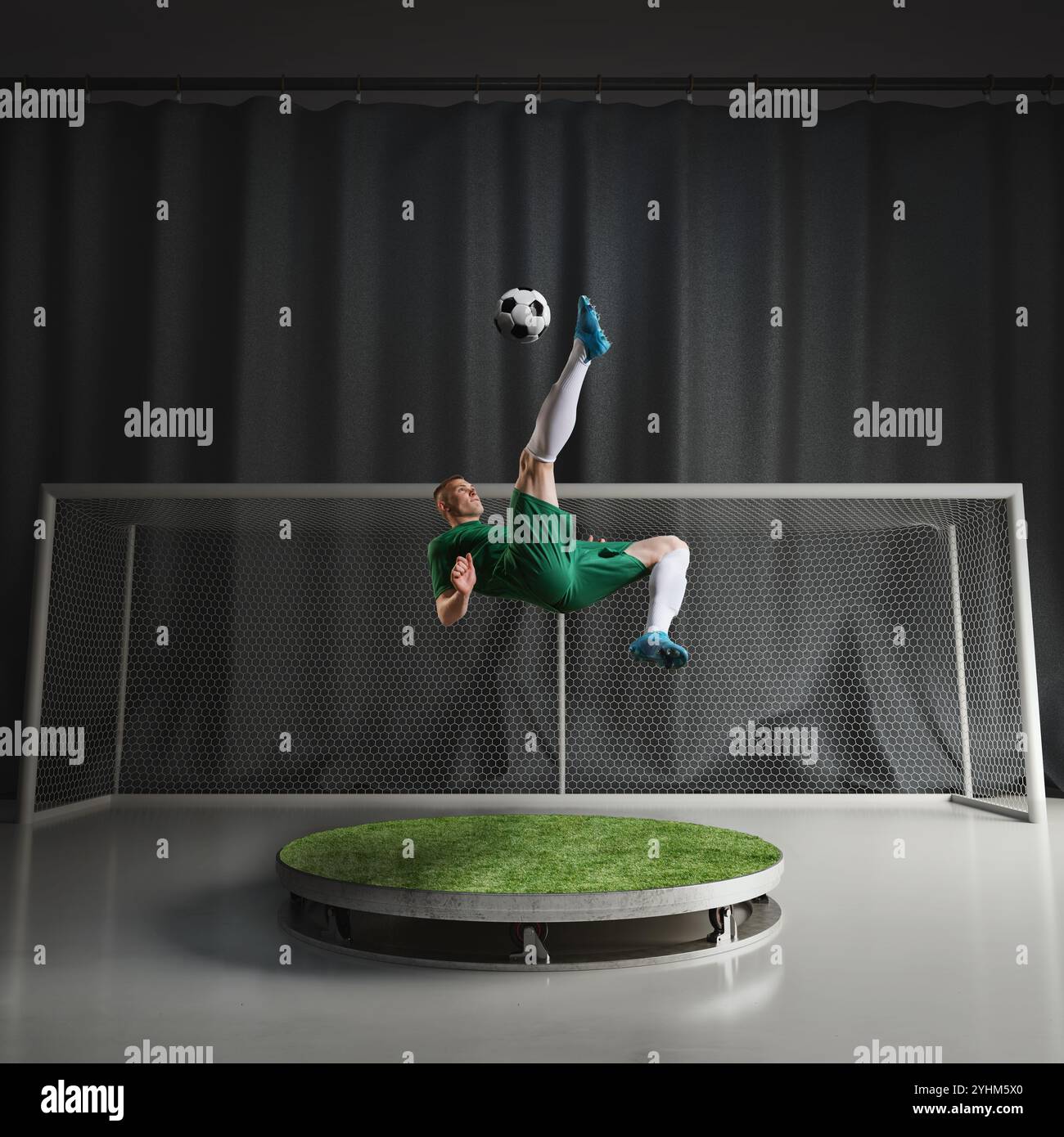 Soccer player in green uniform performing dynamic kick of a ball on a ...