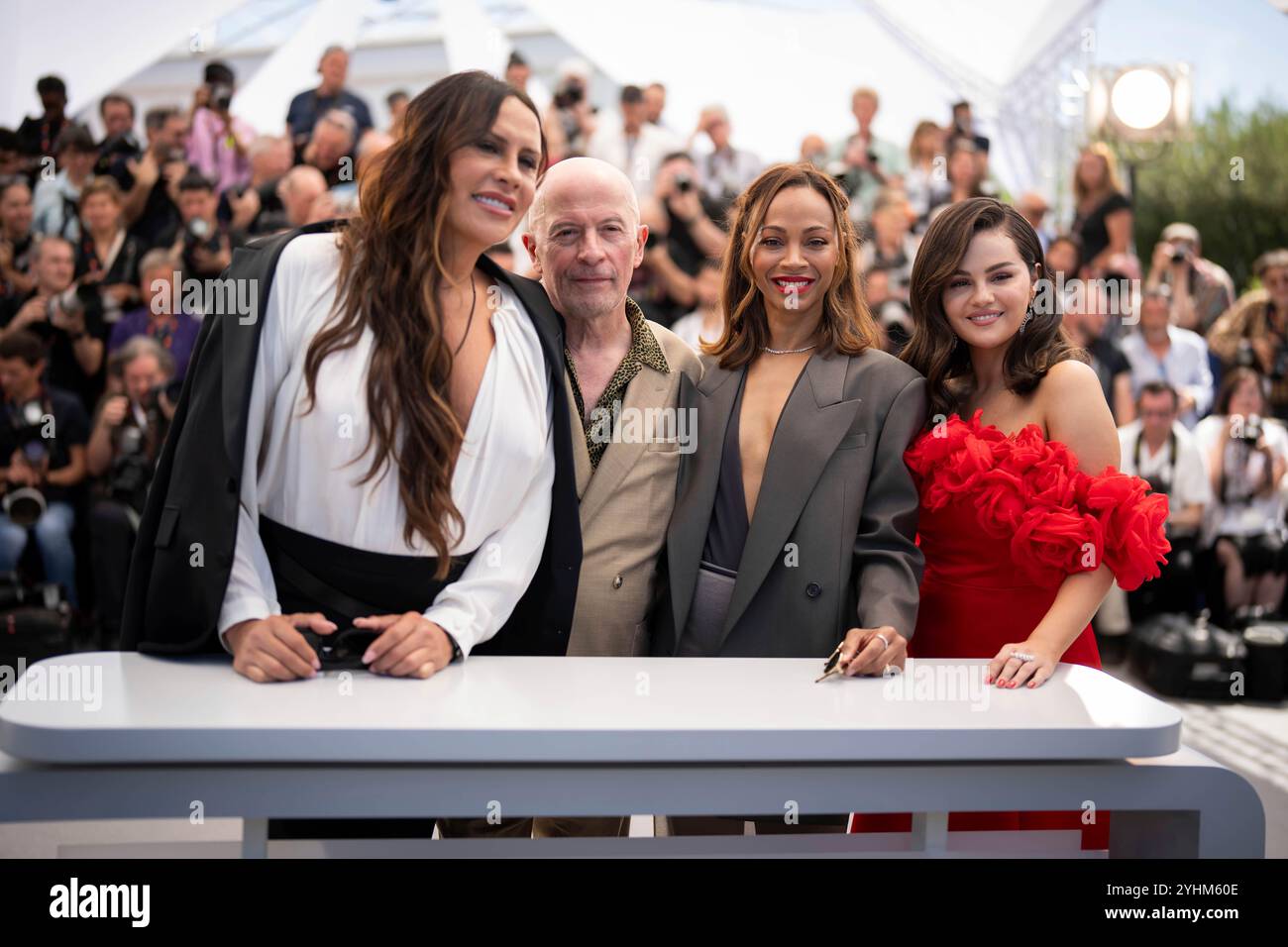 FILE - Karla Sofia Gascon, from left, Jacques Audiard, Zoe Saldana and Selena Gomez pose for ...