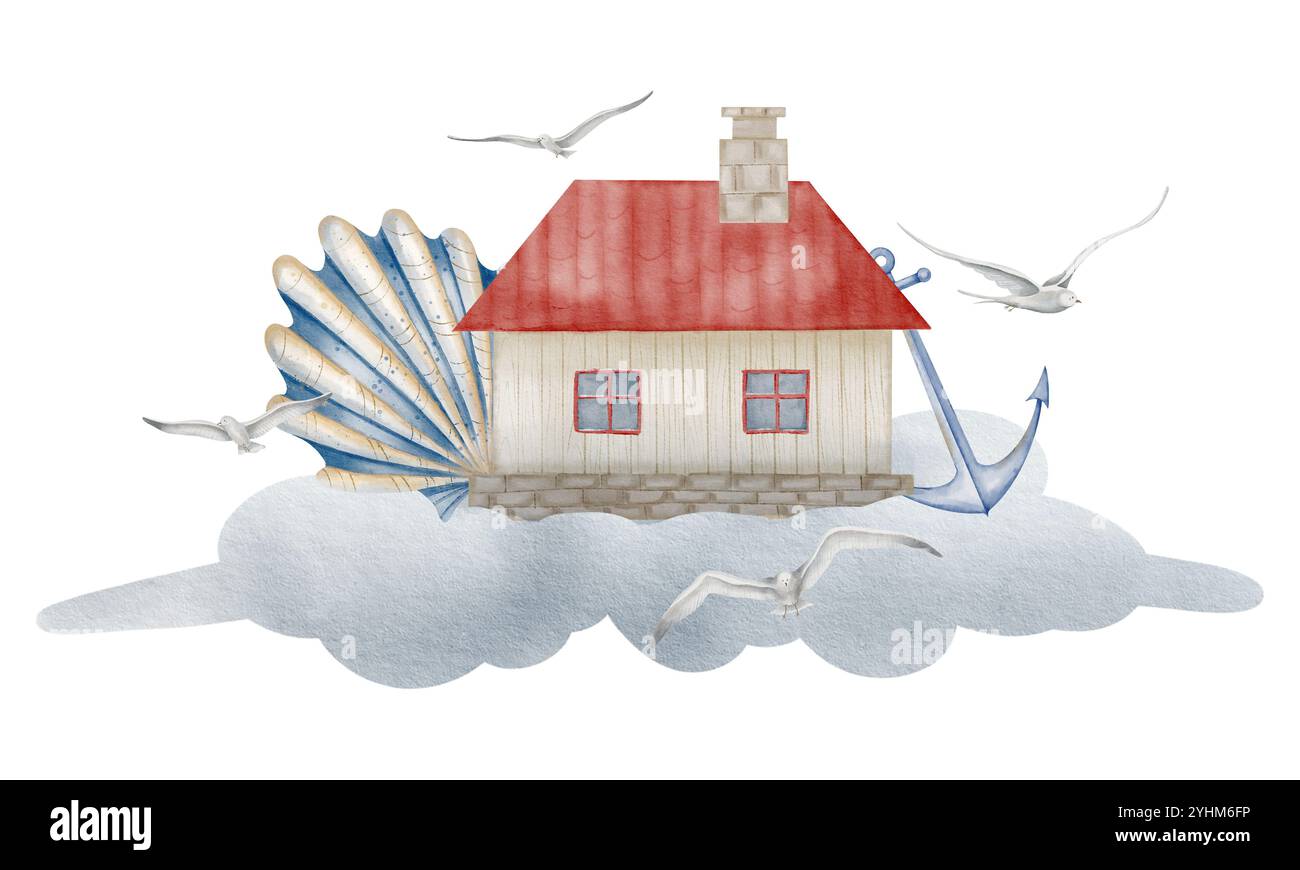 Watercolor illustration of fantasy house flying on a cloud with ...