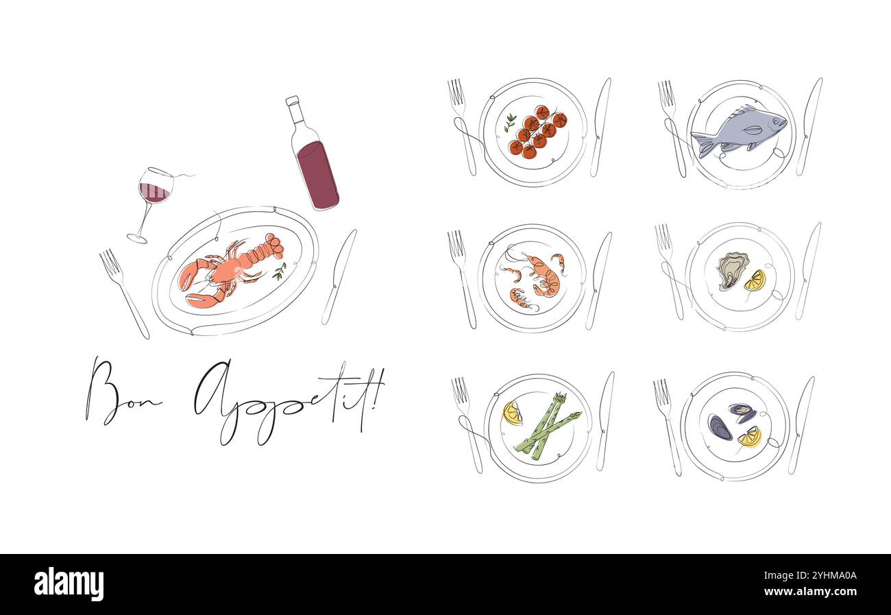 Seafood food plates collection oyster, shrimp, mussels, lobster ...