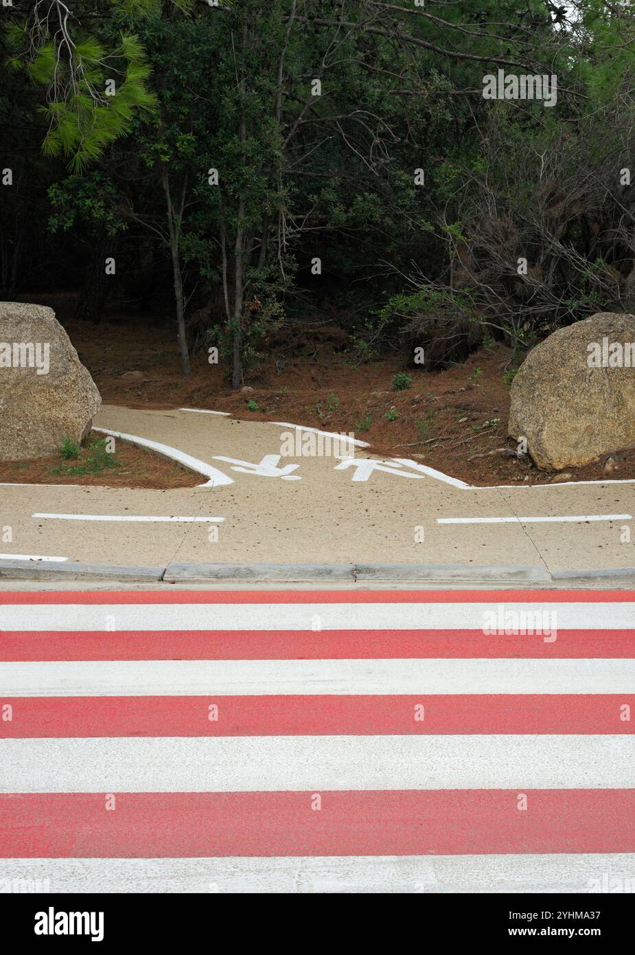 white and red pedestrian crossing leading to a walking lane through the ...