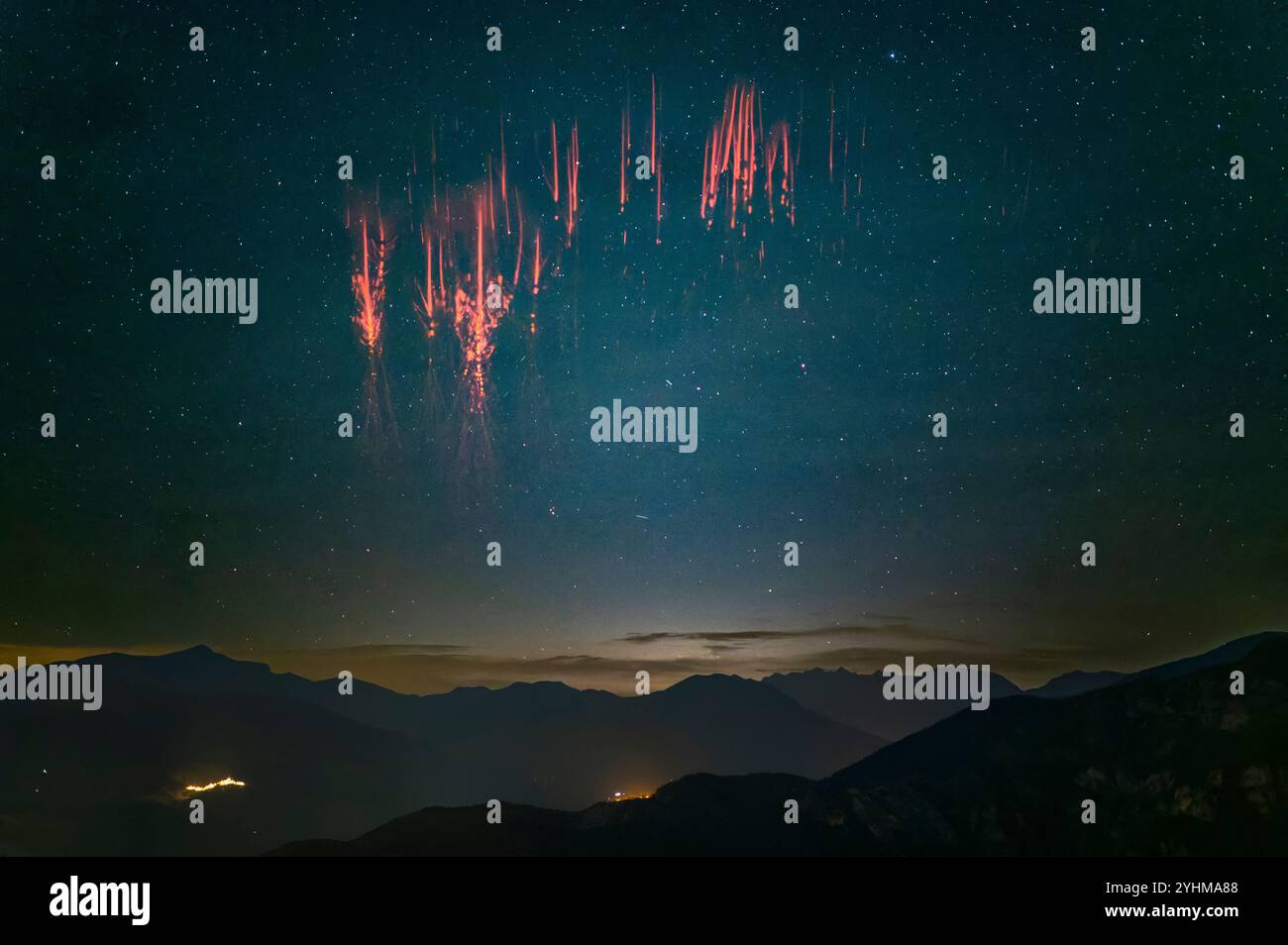 Sprites above a thunderstorm near Lyon. Facing the Alps, red sprites ...
