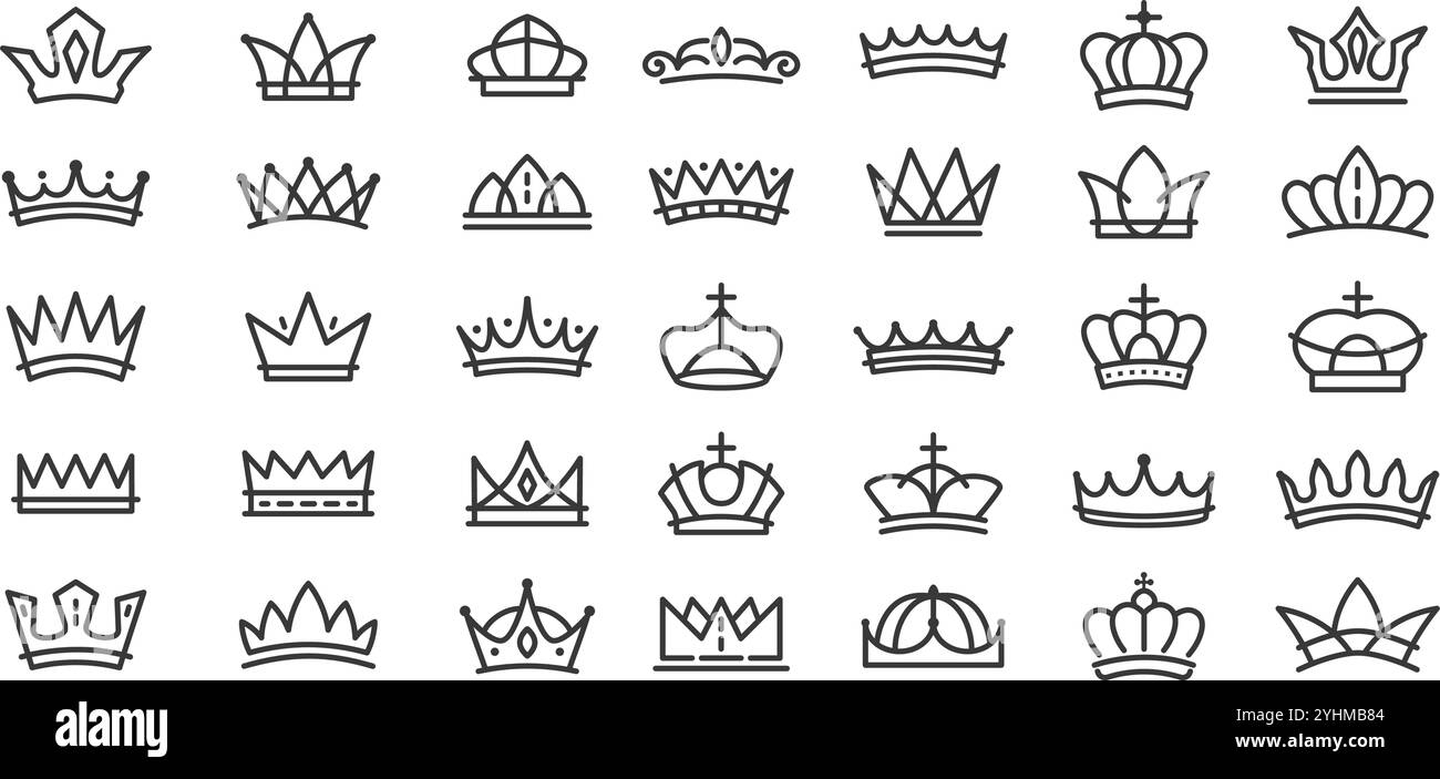 Linear crowns. Royal Queen tiara and King crown icons, majestic corona ...