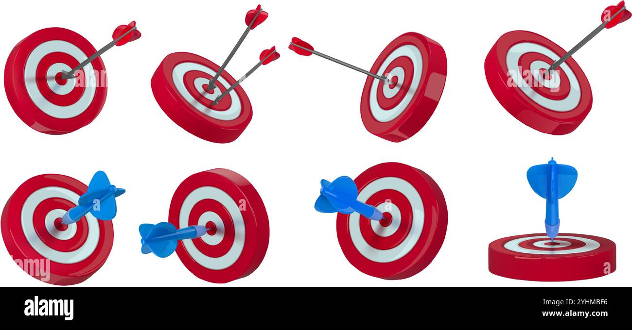 Target hit. Dartboard or bullseye targets with darts and arrows ...