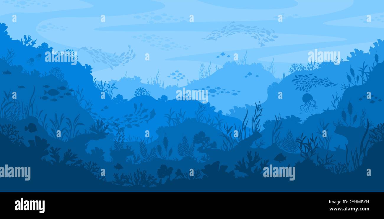 Underwater silhouette landscape. Abstract layered blue ocean coral reef ...