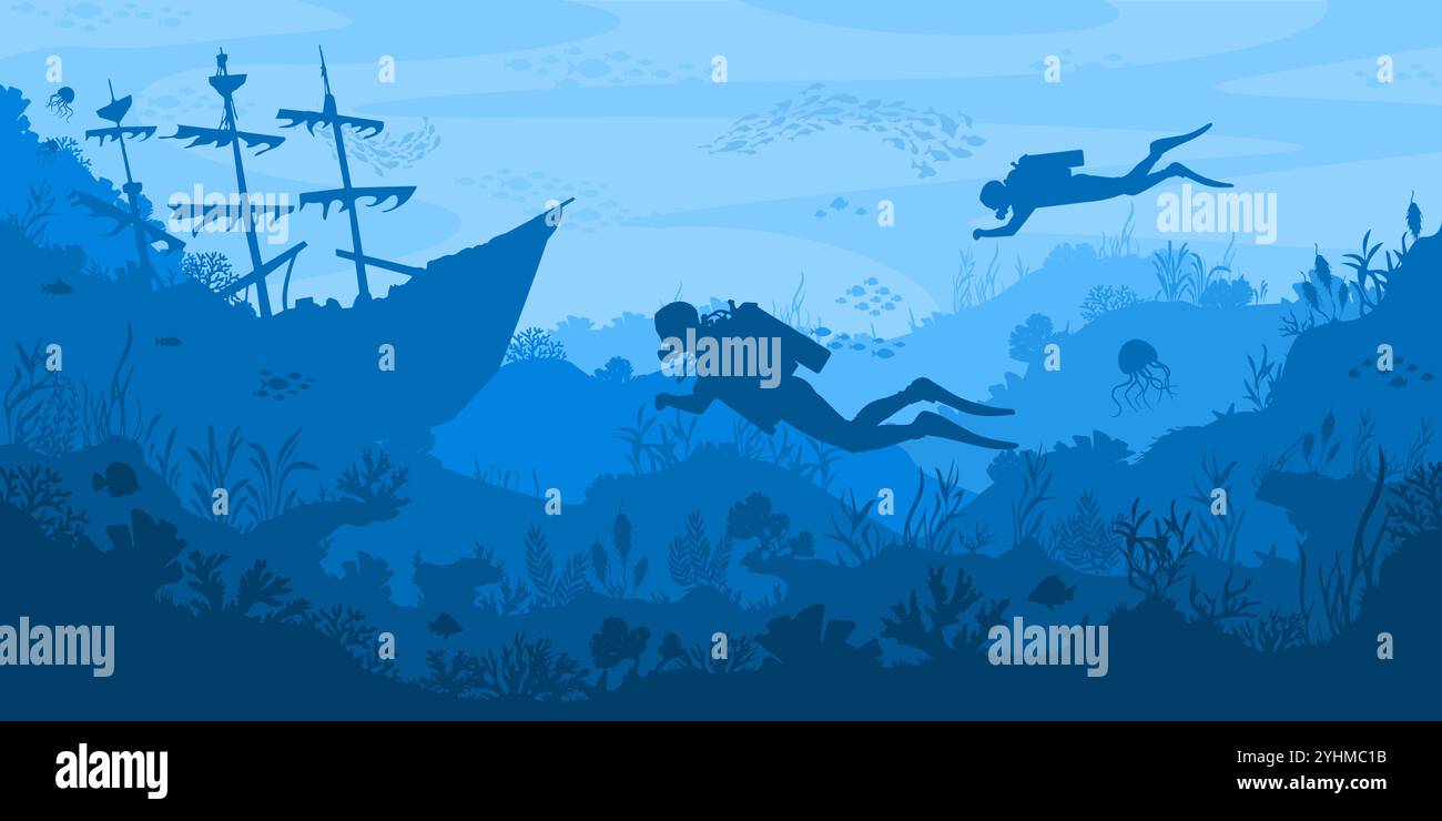 Diving silhouette landscape. Underwater adventure with scuba divers ...