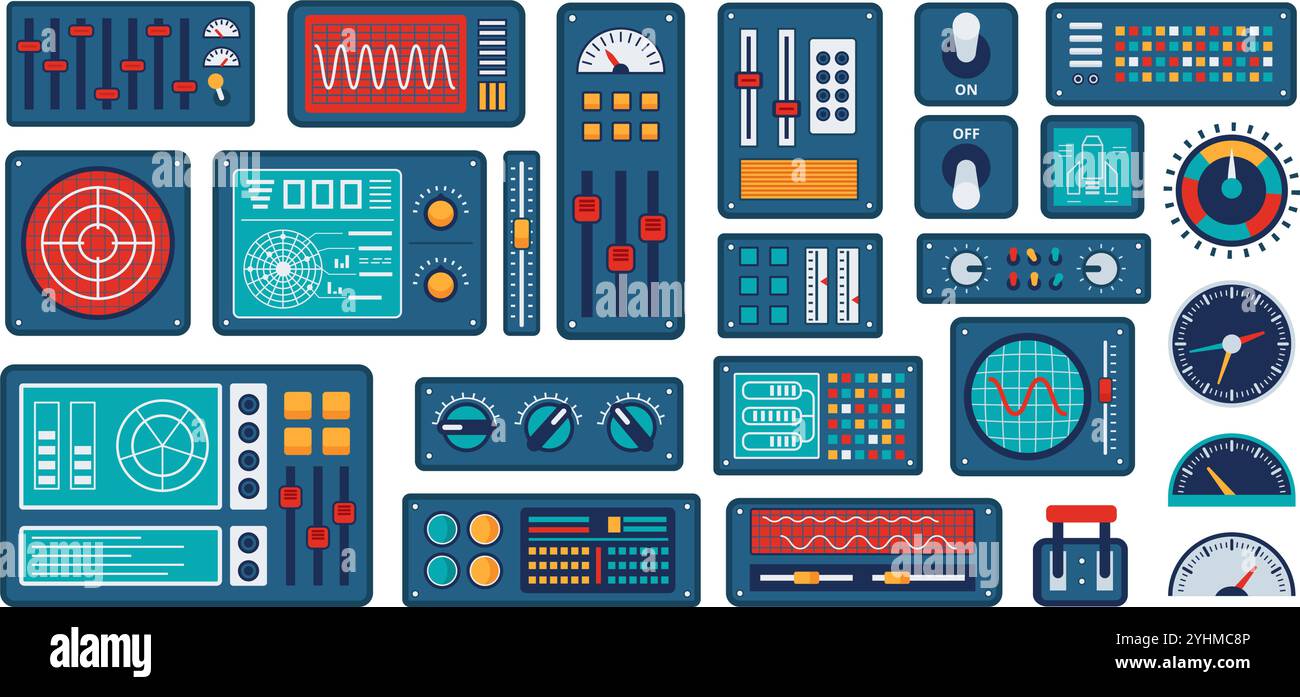 Spaceship control panel. Dashboard interface gauges, digital meters, retro futuristic sliders ...