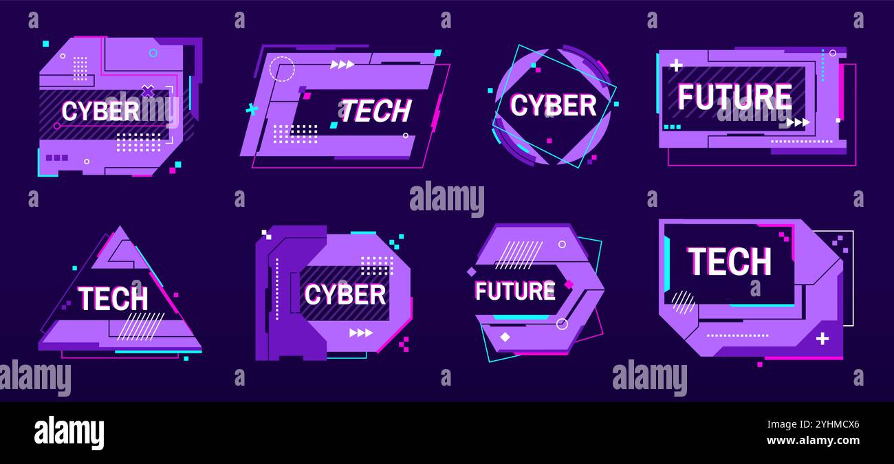 Tech banner frames. Cyber futuristic labels and digital glitch badge ...