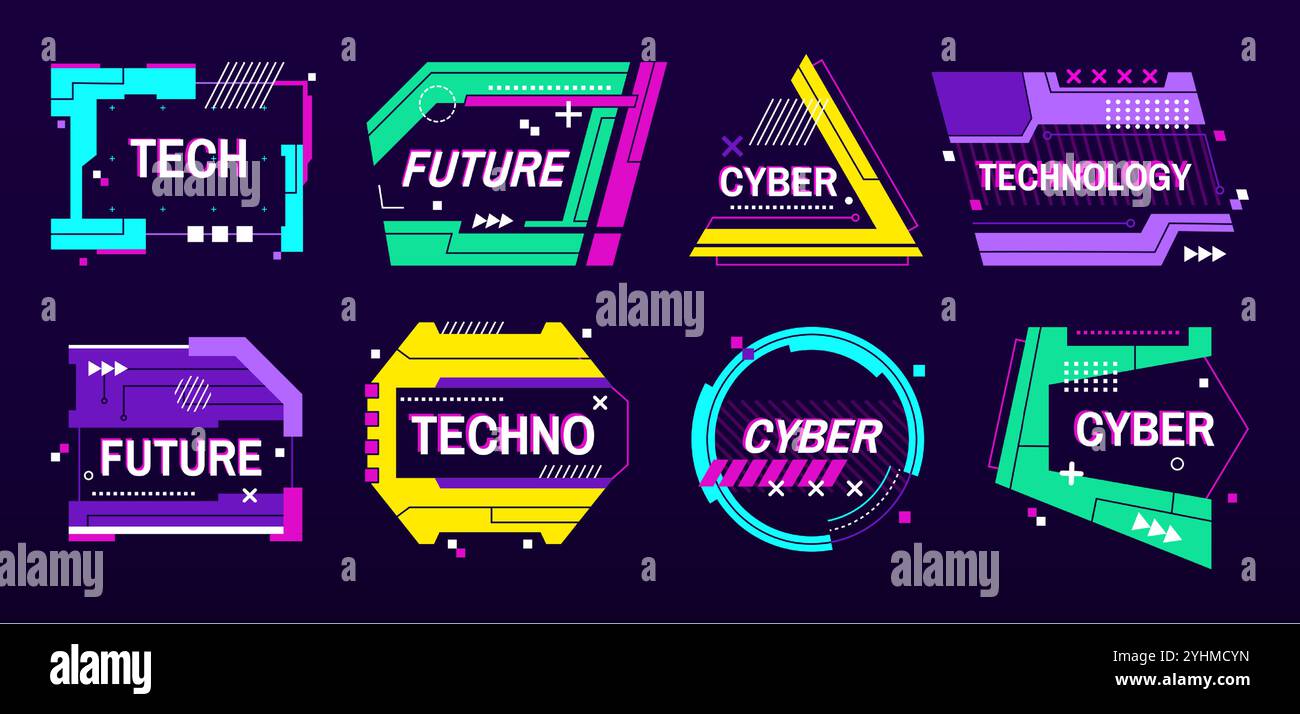 Cyber banner frames. Futuristic tech label and sci fi text box ...