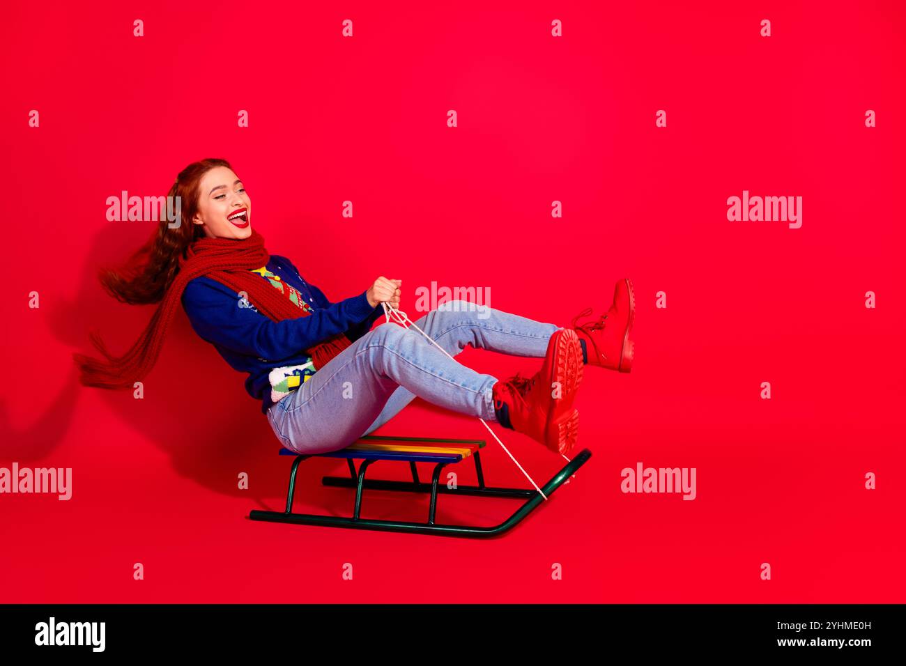 Full body photo of attractive young woman ride sledge fast dressed ...