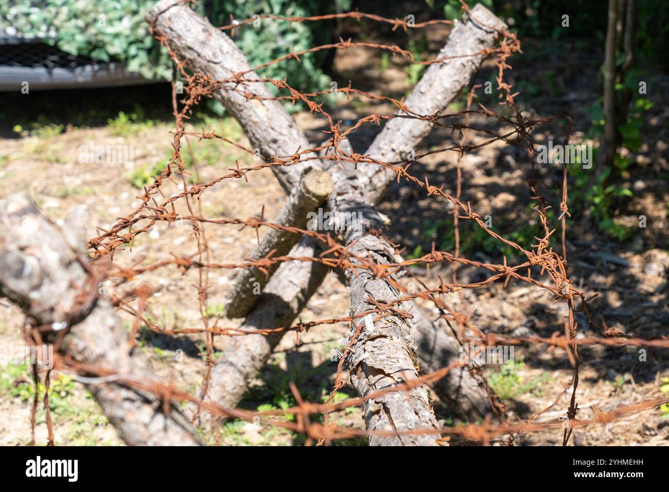 Old rusty barbed wire barrier on wooden posts Stock Photo - Alamy