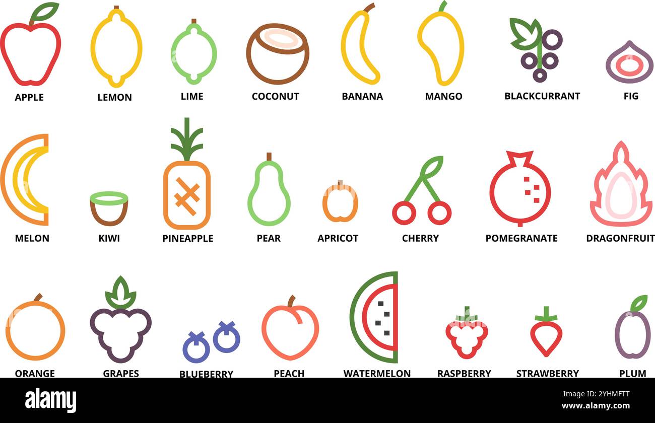 Minimalistic linear fruits and berries. Fresh fruit icons for healthy ...