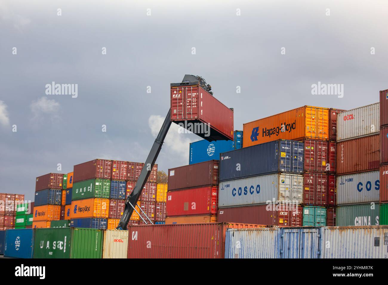 Shipping containers in the port of Mannheim. The port of Mannheim is ...