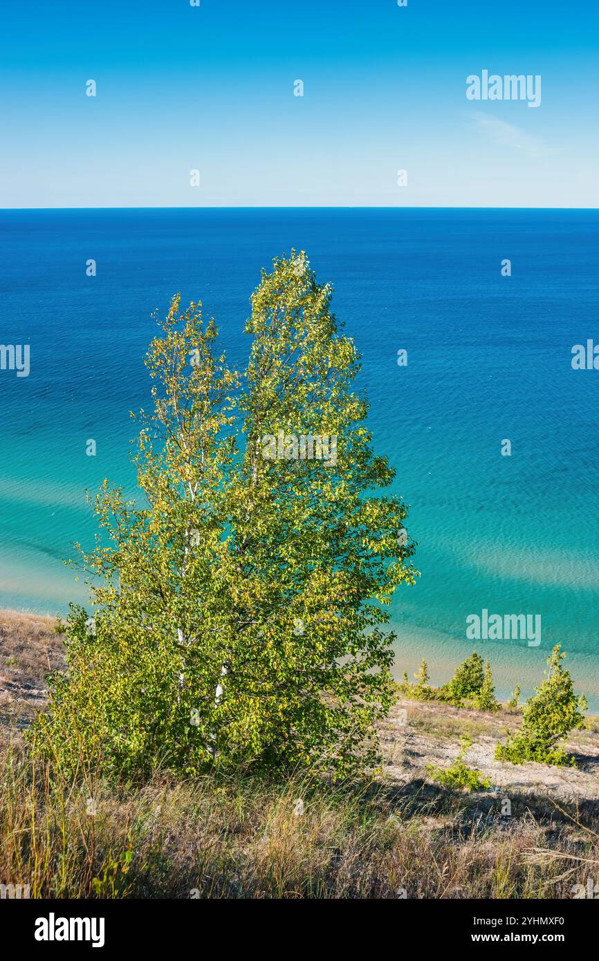 View of the turquoise-colored Lake Michigan from Empire Bluff Overlook ...