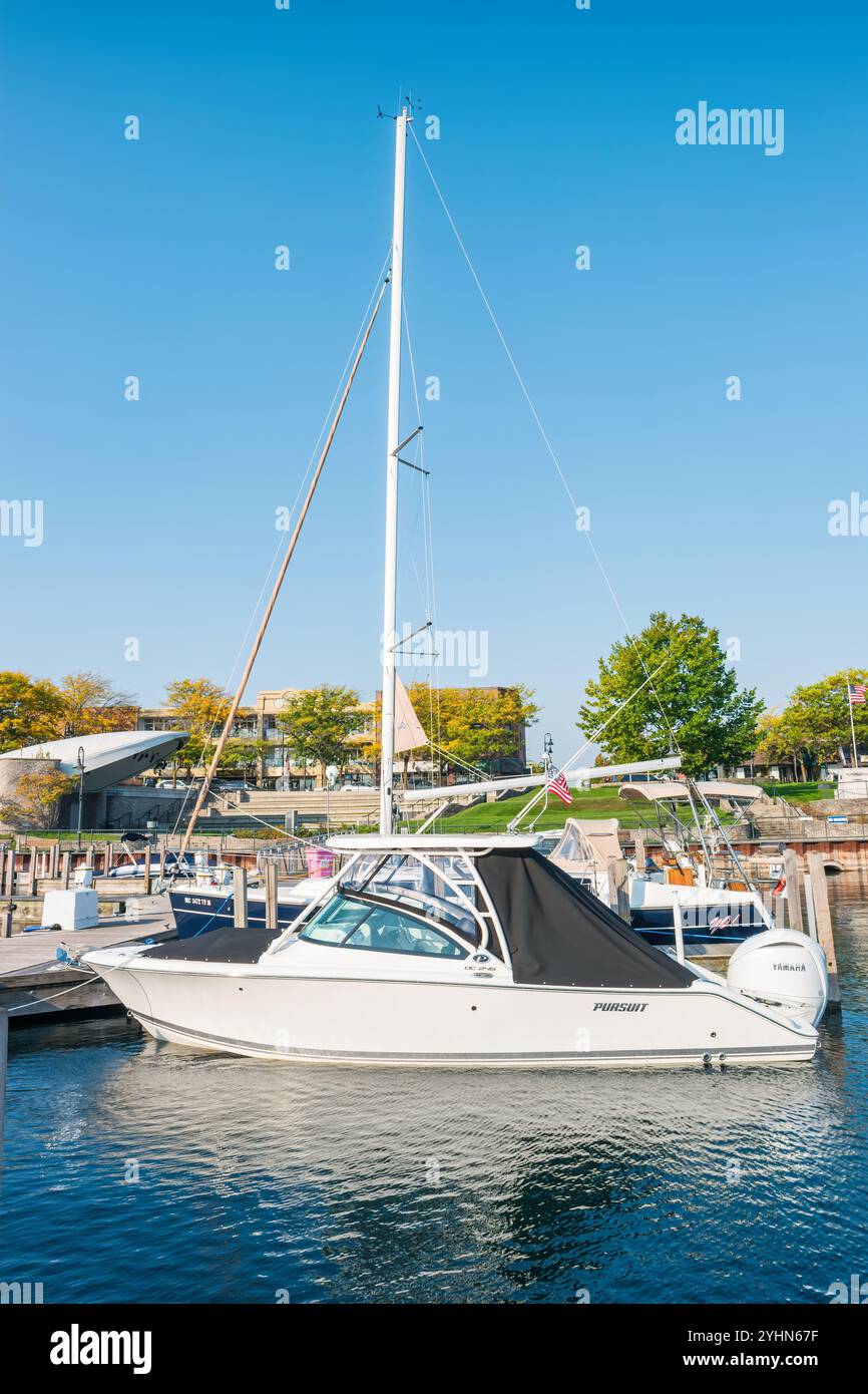 Sailboat in the downtown marina in Charlevoix, Michigan, USA Stock ...