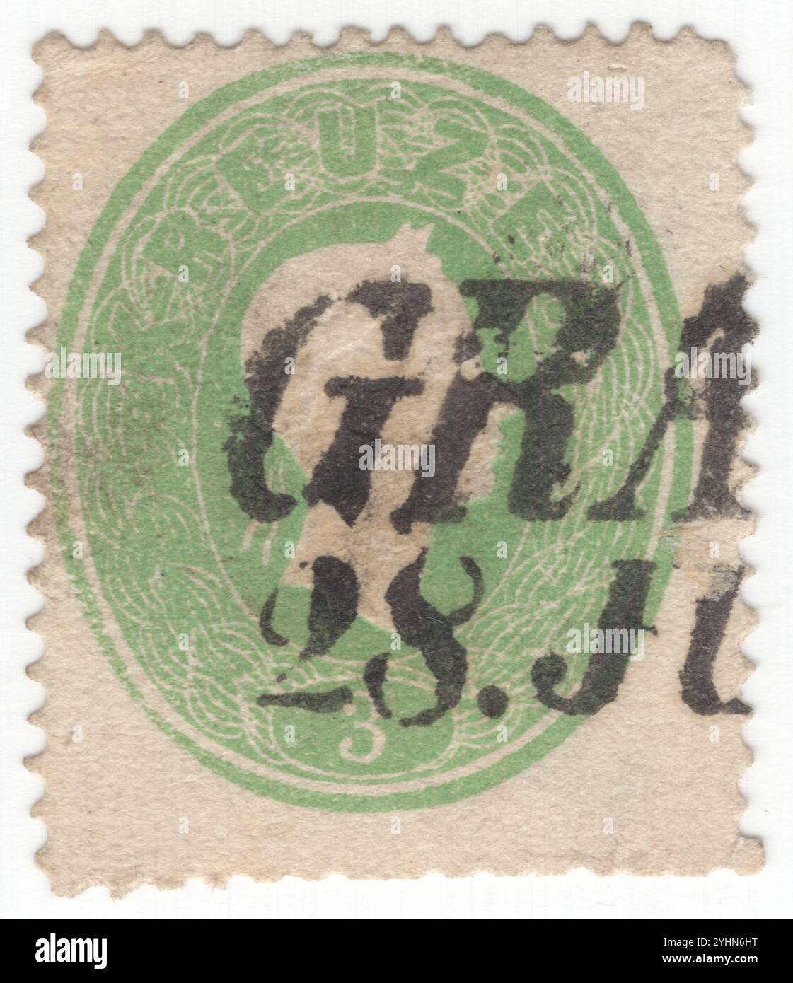 AUSTRIA — 1860 December: An 3 kreuzer green postage stamp depicting ...