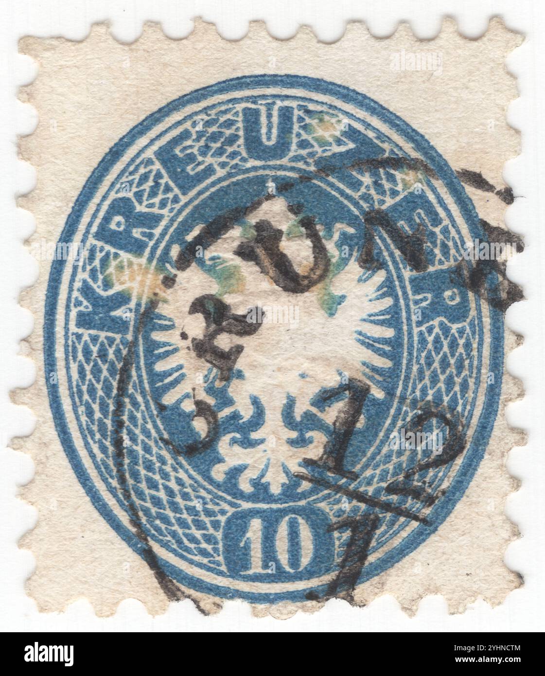 AUSTRIA — 1863: 10 kreuzer blue postage stamp depicting Embossed Coat ...