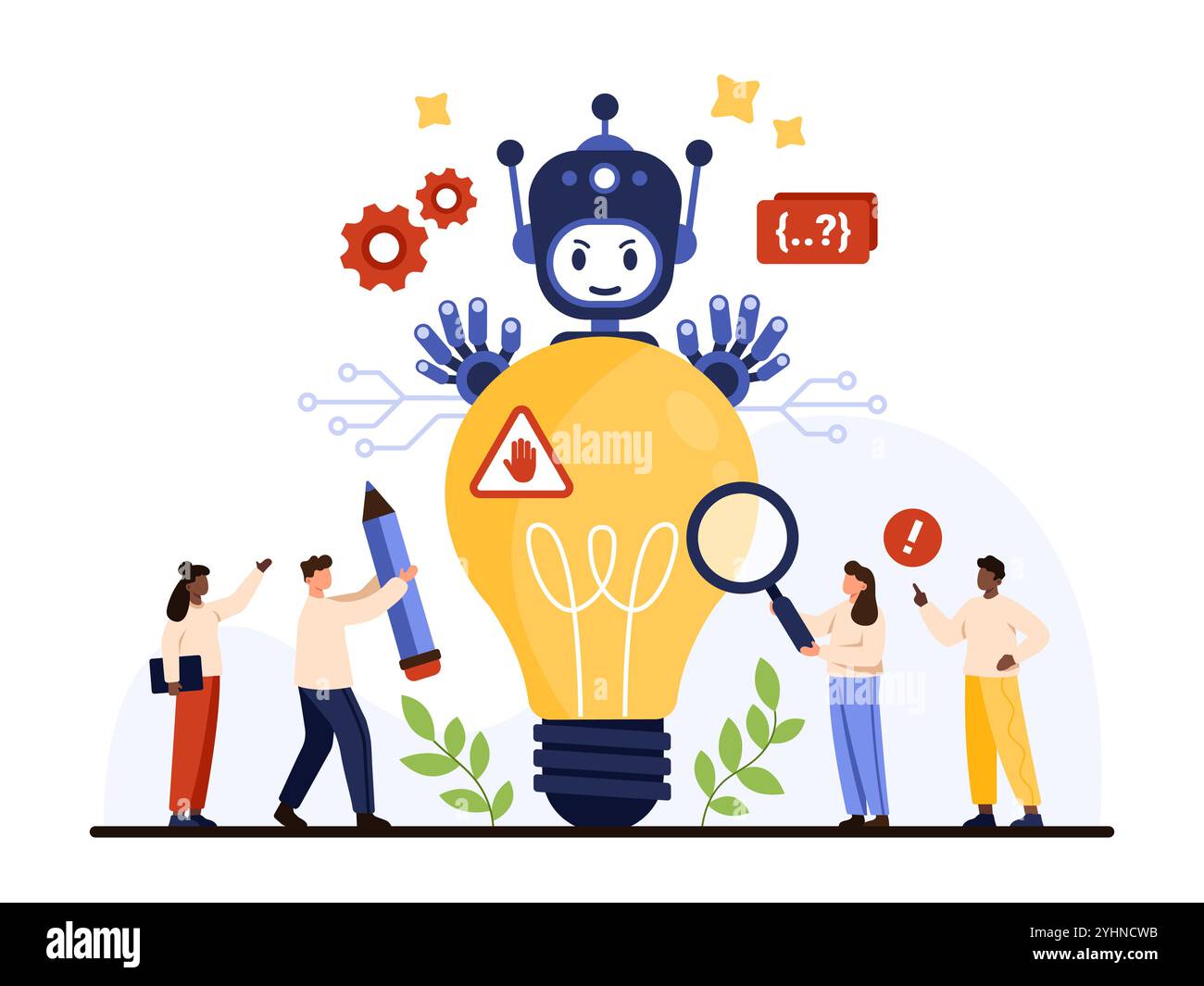 Risk of AI negative decision, ethics and law. Tiny people holding ...