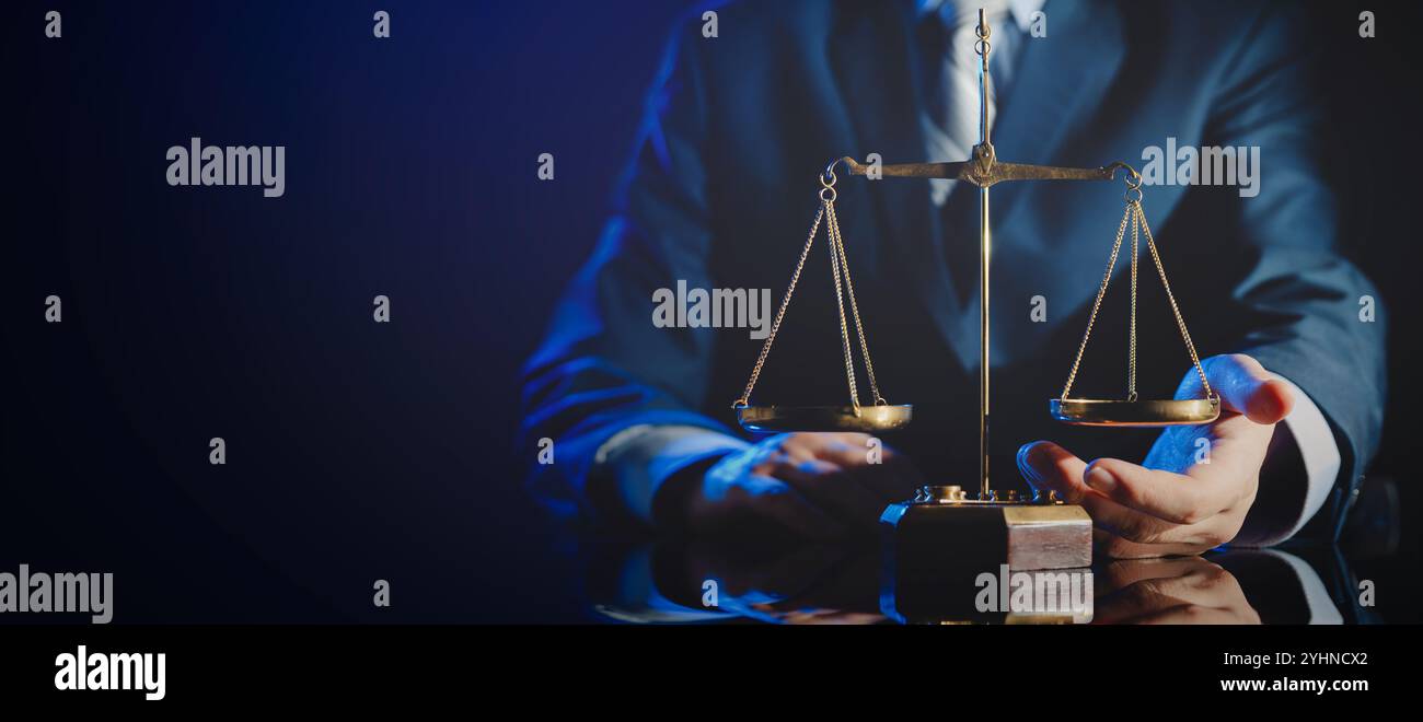 Lawyer with weight scale in dark room, copy space image Stock Photo - Alamy
