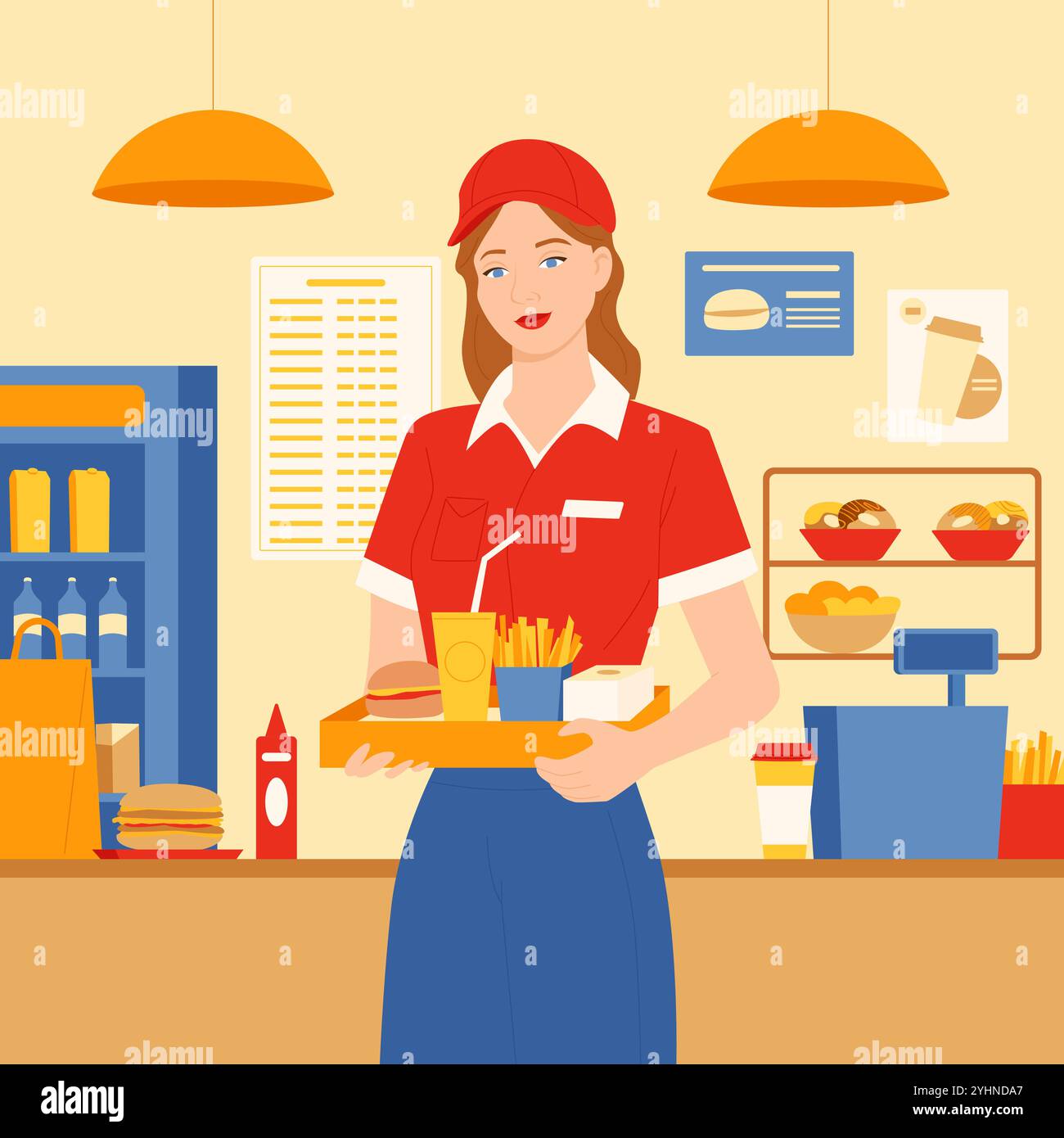 fast food restaurant or cafeteria interior with staff, counter with ...