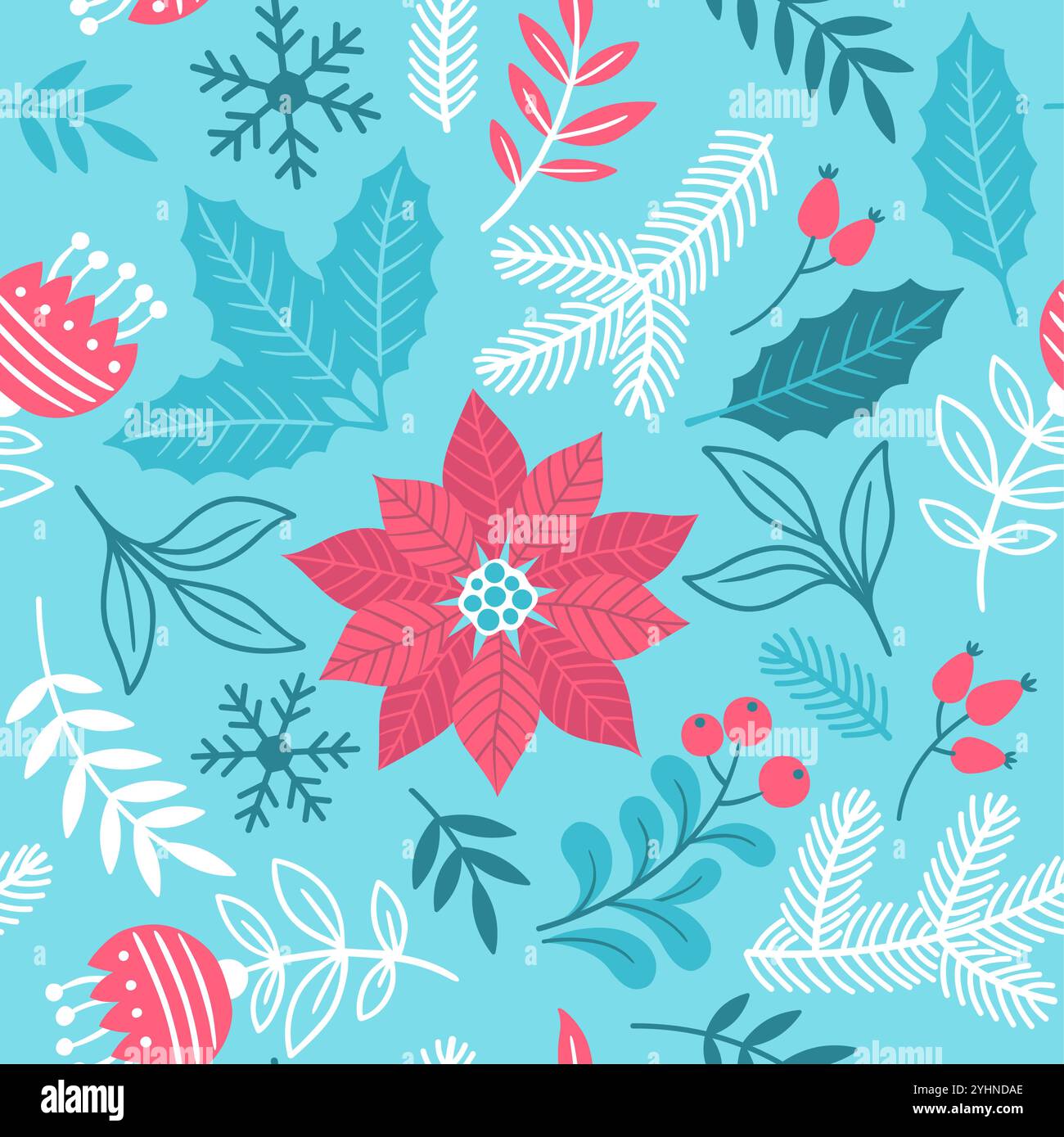 Hand drawn seamless pattern of Christmas design with holly leaves ...
