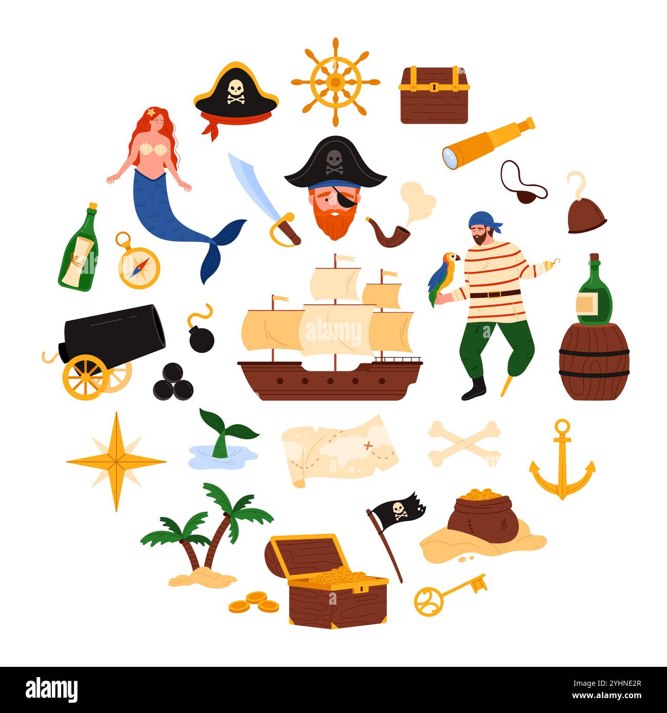 Pirate treasures and corsairs ship adventure in round banner design ...