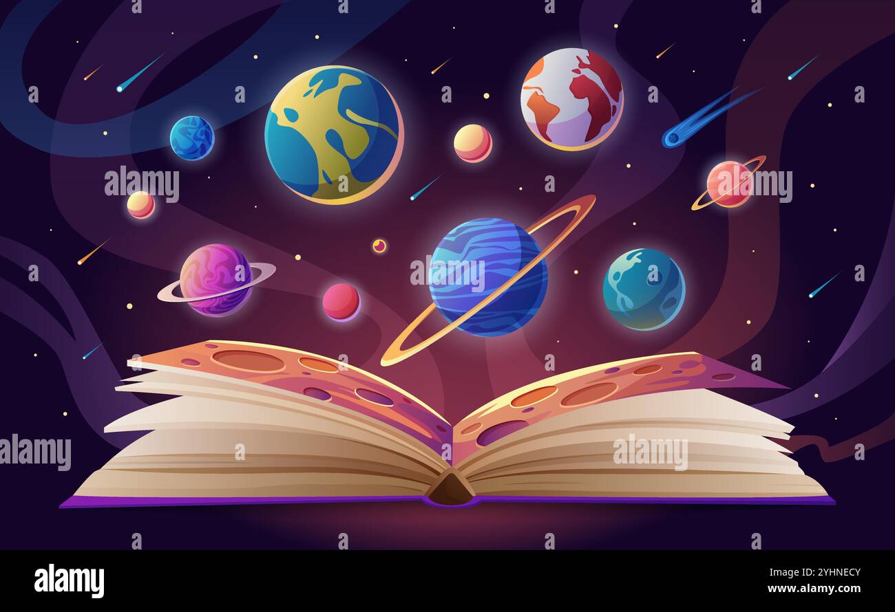 Open book with fantasy space adventure, planet of Solar system, travel ...