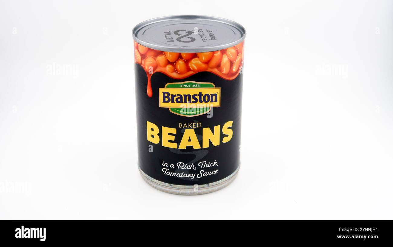 Tin of Branston baked beans on white background Stock Photo - Alamy