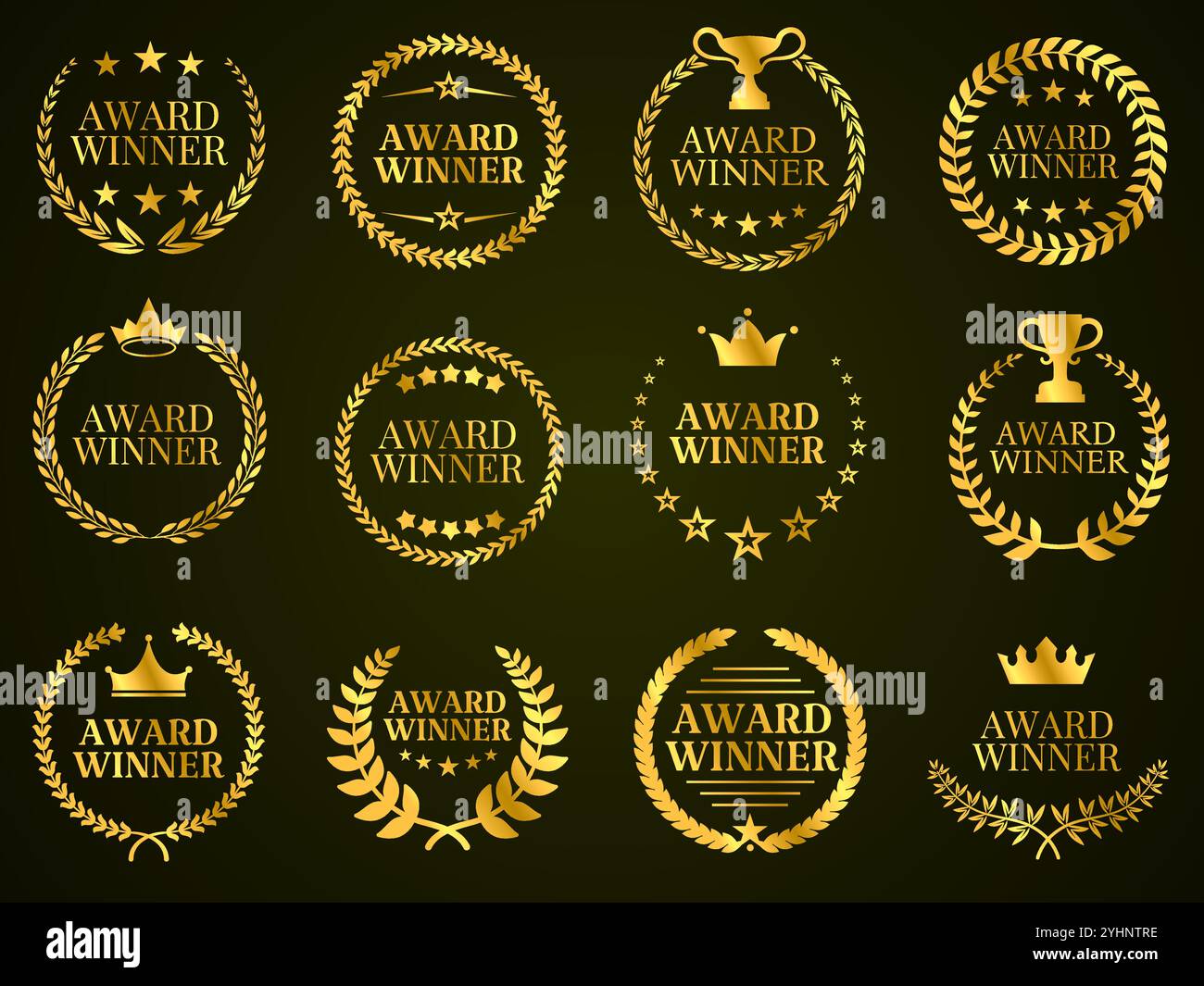 Golden award winner emblems. Gold award badges with laurel wreaths ...
