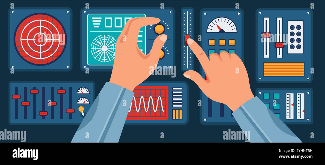 Control panel interface with hands. Adjusting settings of spaceship ...