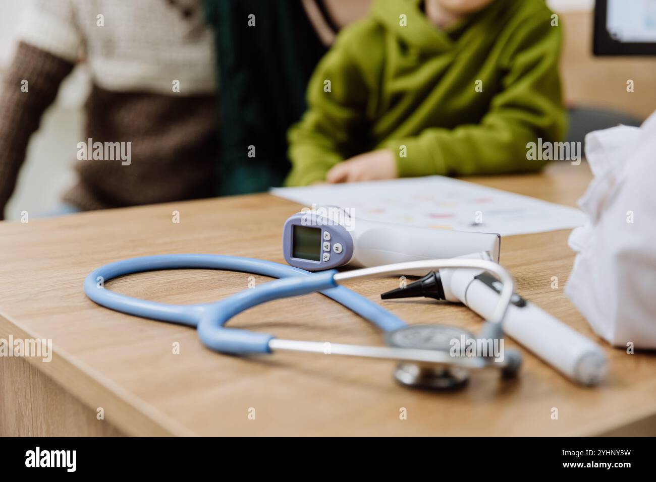 Medical equipment on a doctors desk, ready for pediatric examination ...