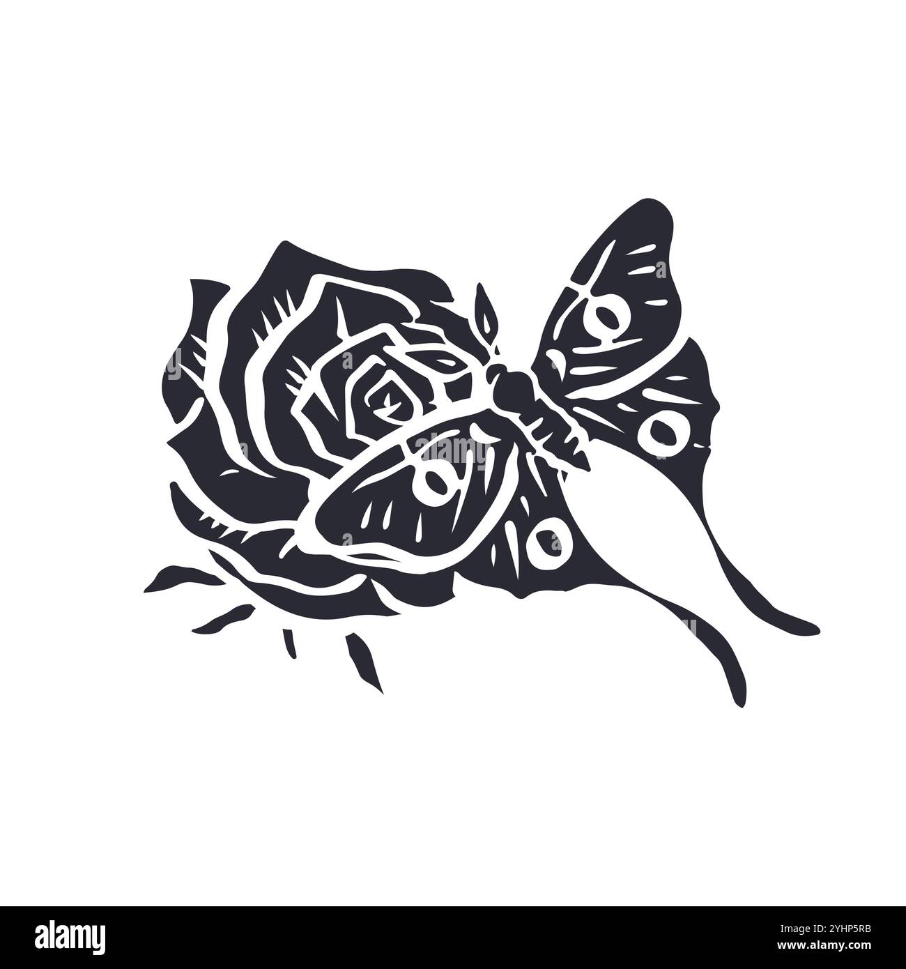 Hand drawn rose flower and lune moth black silhouette isolated on white ...