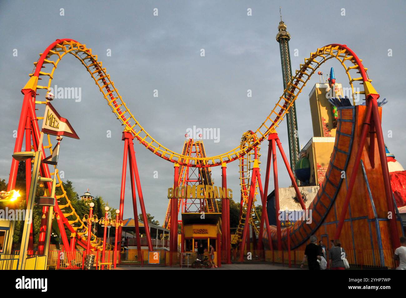Boomerang roller coaster and Prater Tower in Wurstelprater, an ...